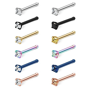 Ruifan 12PCS 18G Mix Color Stainless Steel Diamond CZ Nose Bone Studs Rings Pin Piercing Jewelry 2mm