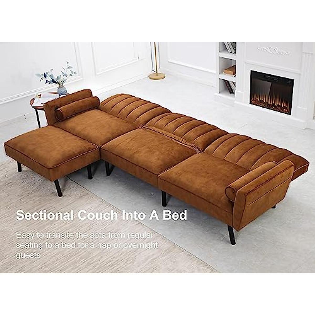 DURASPACE Velvet Sectional Convertible Sofa with Chaise, 107" L Shape Sectional Sofa Couch with USB, Split Back Folding Futon Couch for Living Room (Caramel Brown)