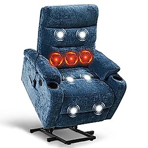 Electric Power Lift Recliner Chair, Vibration Massage Heated Chair for Elderly, Fabric Single Chair with 2 Side Pockets, Lounge Chair with 2 Cup Holders,1 USB Charge Port for Living Room