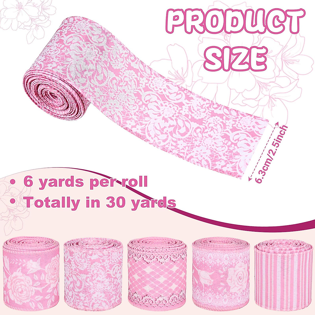 5 Rolls 30 Yards Floral Wired Edge Ribbon 2.5'' Pink Rose Flowers Printed Decorative Ribbon for Gift Wrapping Hair Bow Wreath Making for Wedding Valentine's Day Crafts Supplies