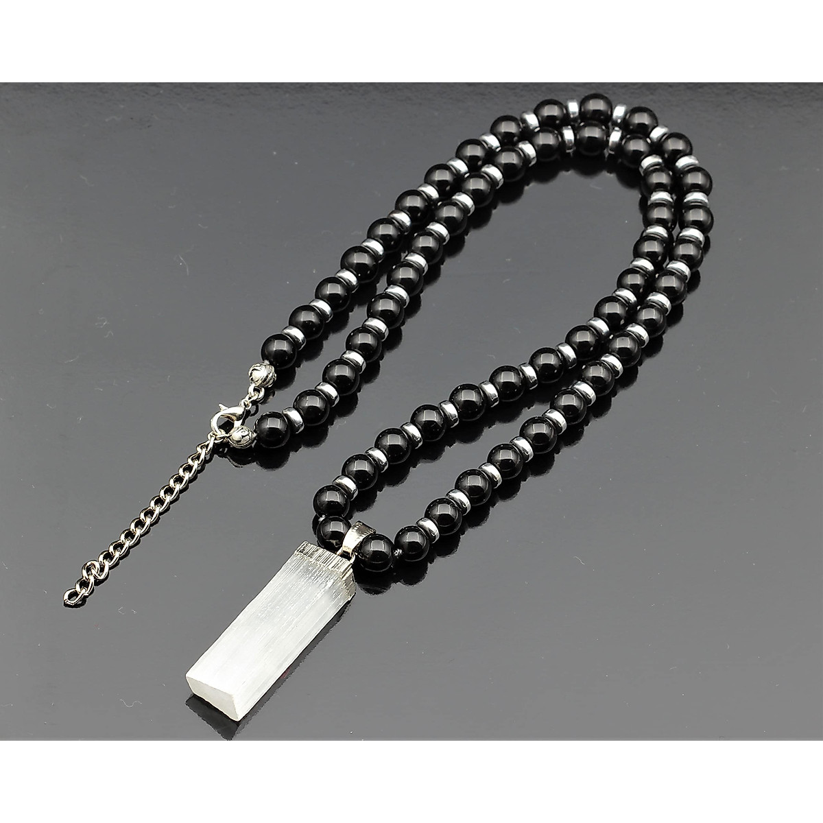 ElisaJewelryArt - Natural Raw Selenite Pendant Natural Black Onyx Beaded Necklace Genuine Gemstone Angel Stone Clasp Closure Hematite Necklace Unisex Necklace (22, Raw Selenite)
