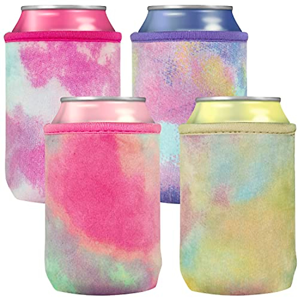 BAGnoREGio 4-Pack Tie Dye Faux Fur Neoprene 12oz Beer Can Cooler Sleeves, Fuzzy Plush Velvet Soda Can Koozies (Rainbow Multi color)