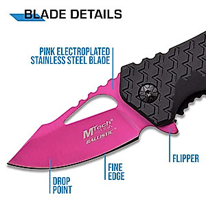 MTech USA – Spring Assisted Folding Knife – Pink Fine Edge Stainless Steel Blade with Black Nylon Fiber Handle, Bottle Opener, Pocket Clip, Tactical, EDC, Self Defense- MT-A882PK