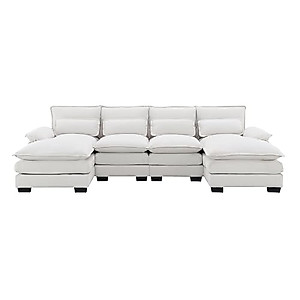 U Shaped Sectional Couches for Living Room, 110" Sectional Sofa with Waist Pillows, Symmetrical Sleeper Sofa Couch with Double Chaise Lounge, Modular Sofa for Living Room Furniture Sets, White