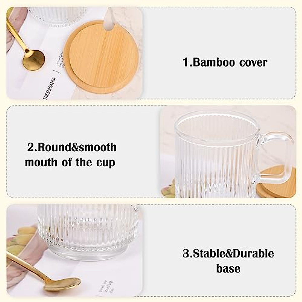 Moretoes Coffee Glass Mugs, 6pcs, 12oz, Classic Vertical Stripes Coffee Cups, Aesthetic Cups Cute Drinking Glasses, Iced Coffee Cup