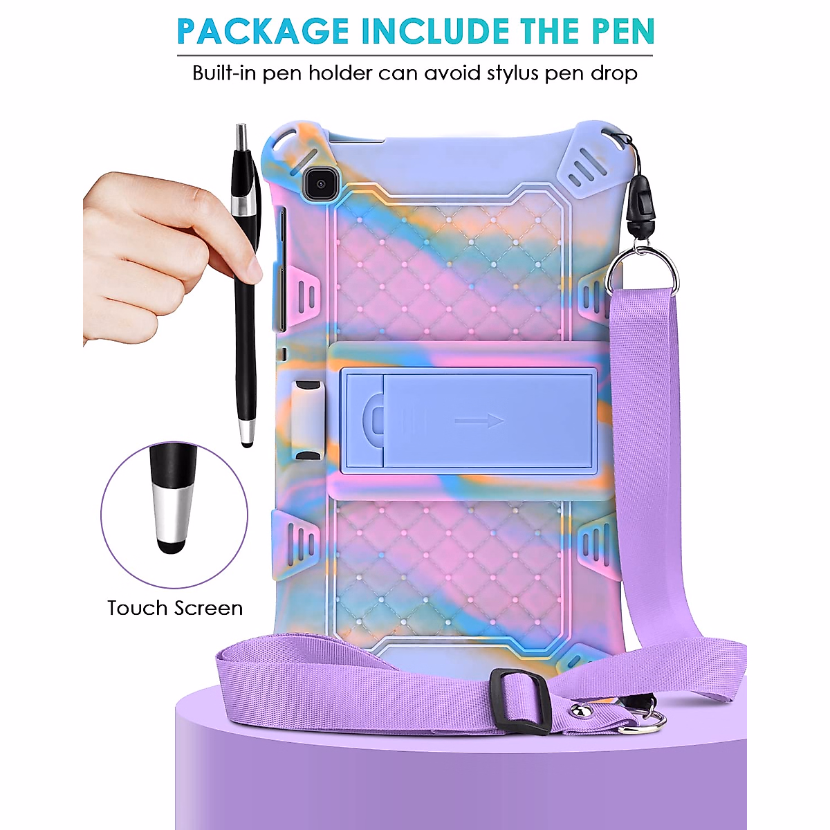 DETUOSI Case for Samsung Galaxy Tab A7 Lite 8.7 inch 2021 SM-T220/T225/T227u, with Stylus Pen & Shoulder Strap, Soft Silicone Lightweight Protective Cover , Rose Red & Purple