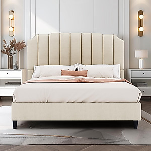 HALLYBEE 50.4" H Queen Bed Frame with Headboard Linen Fabric Platform Bed Frame Queen Size, Chic and Elegant Upholstered Bed Frame Queen, Bedframe No Box Spring Needed, Mattress Foundation, Beige