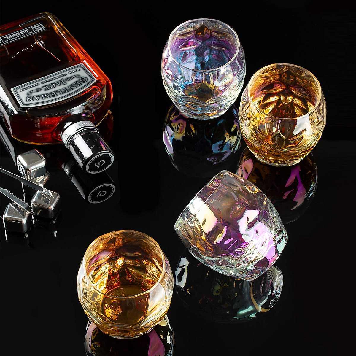 Liphontcta Whiskey Glasses Set of 4, 12 oz Old Fashioned Glasses, Bourbon Glasses, Iridescent Glassware, Rainbow Wine Glass For Serving White Wine, Modern Red Wine, Cocktail, Whiskey (Set of 4)