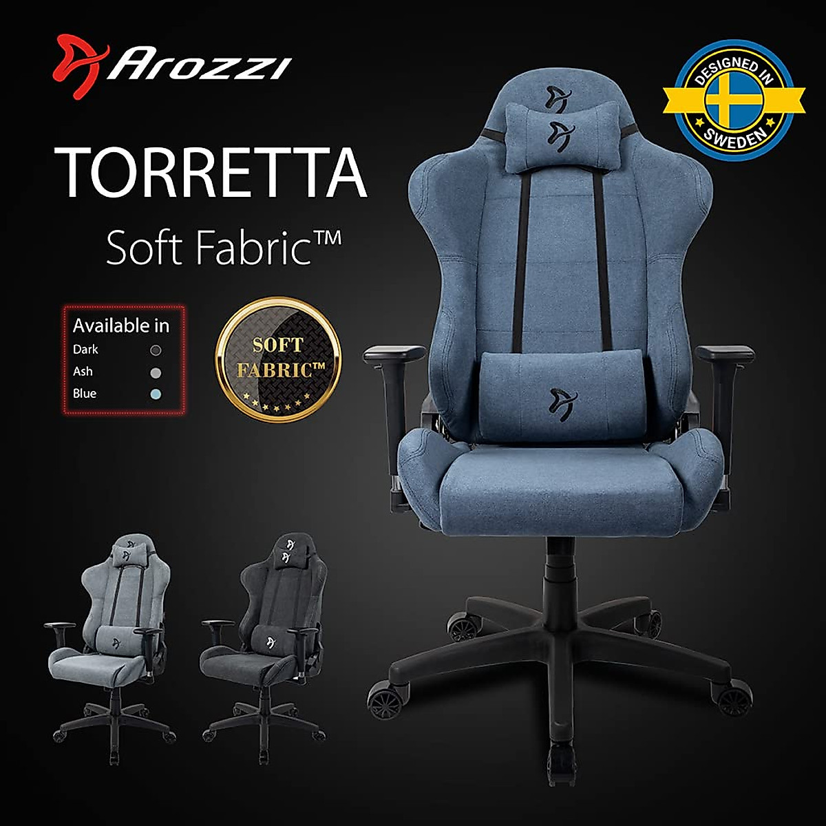 Arozzi Torretta Premium Soft Fabric Gaming Chair, Breathable Fluid-Repellent Ergonomic Office Chair with Adjustable Height, 3D Armrest & 2 Supportive Pillows (Blue)