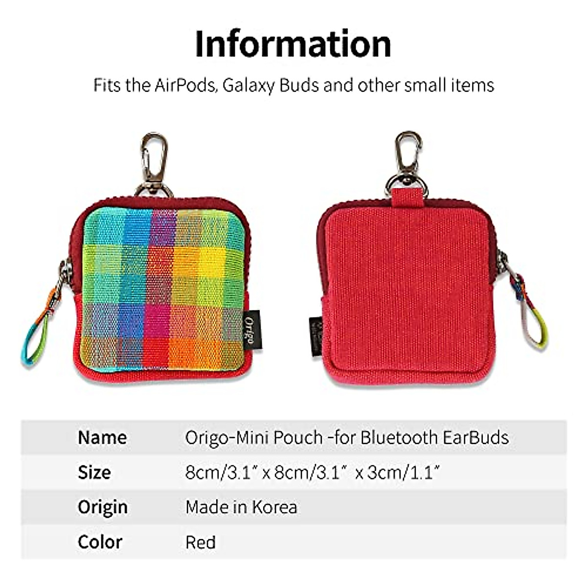 Origo Checkered Airpod Pouch/Portable Zipper Case for Airpods/Airpods Pro, Wireless Earbuds, Galaxy Buds can be Stored/Coin Purse, Small Wallet, Hand-Woven Fabric Mini Pouch(Red)