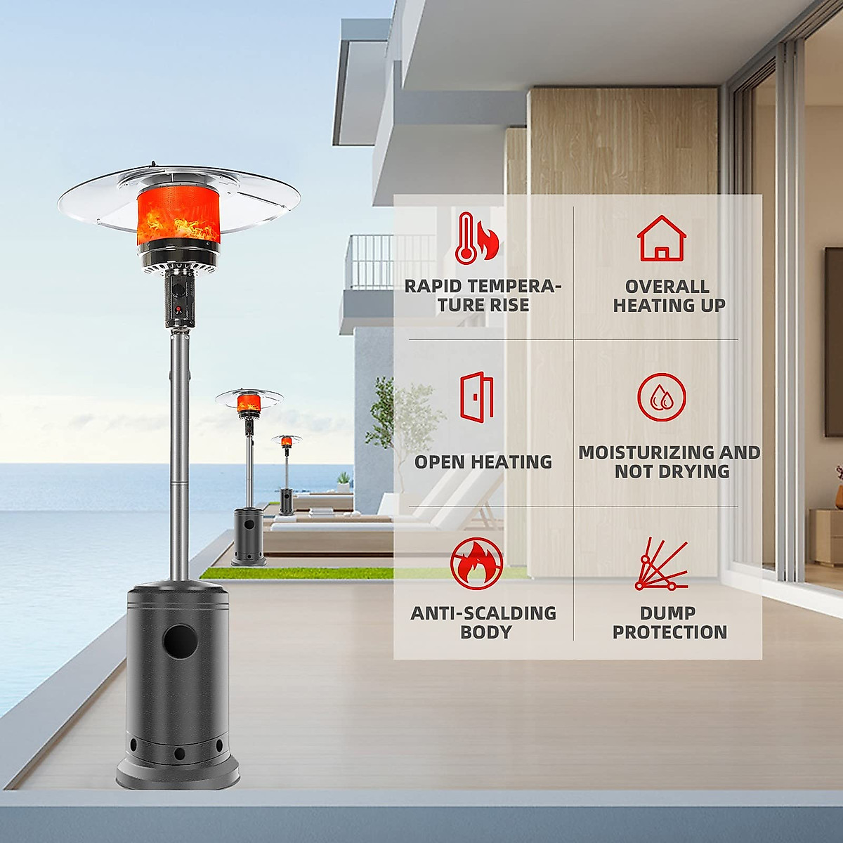 Outdoor Patio Propane Heater for Outdoor Indoor Use, Portable Stainless Steel Heater with Wheels, 46000 BTU Commercial Bronze Tall Floor Heater, Waterproof Outside Standing Heaters (Gray)