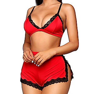 RSLOVE Sexy Pajama Set for Women Soft Lingerie Set Lace Trim Sleepwear 2 piece Pjs Shorts Set Red M