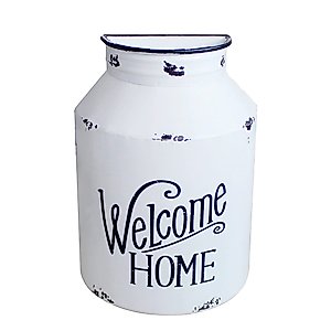 CVHOMEDECO. Primitive Rustic Galvanized Tin Half Round Jug Vase Metal Wall Hanging Flower Holder for Home and Garden Decor, Vintage White