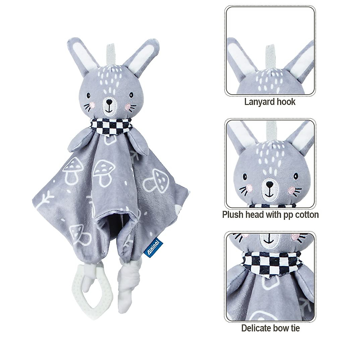 AIPINQI Baby Security Blanket Teether Plush Stuffed Animal Toys Lovey Soothing Sensory Toy Fabric Cuddle Snuggle Muslin Blanket with Tags for Newborn Unisex Babies 0-36 Months Gifts, Bunny
