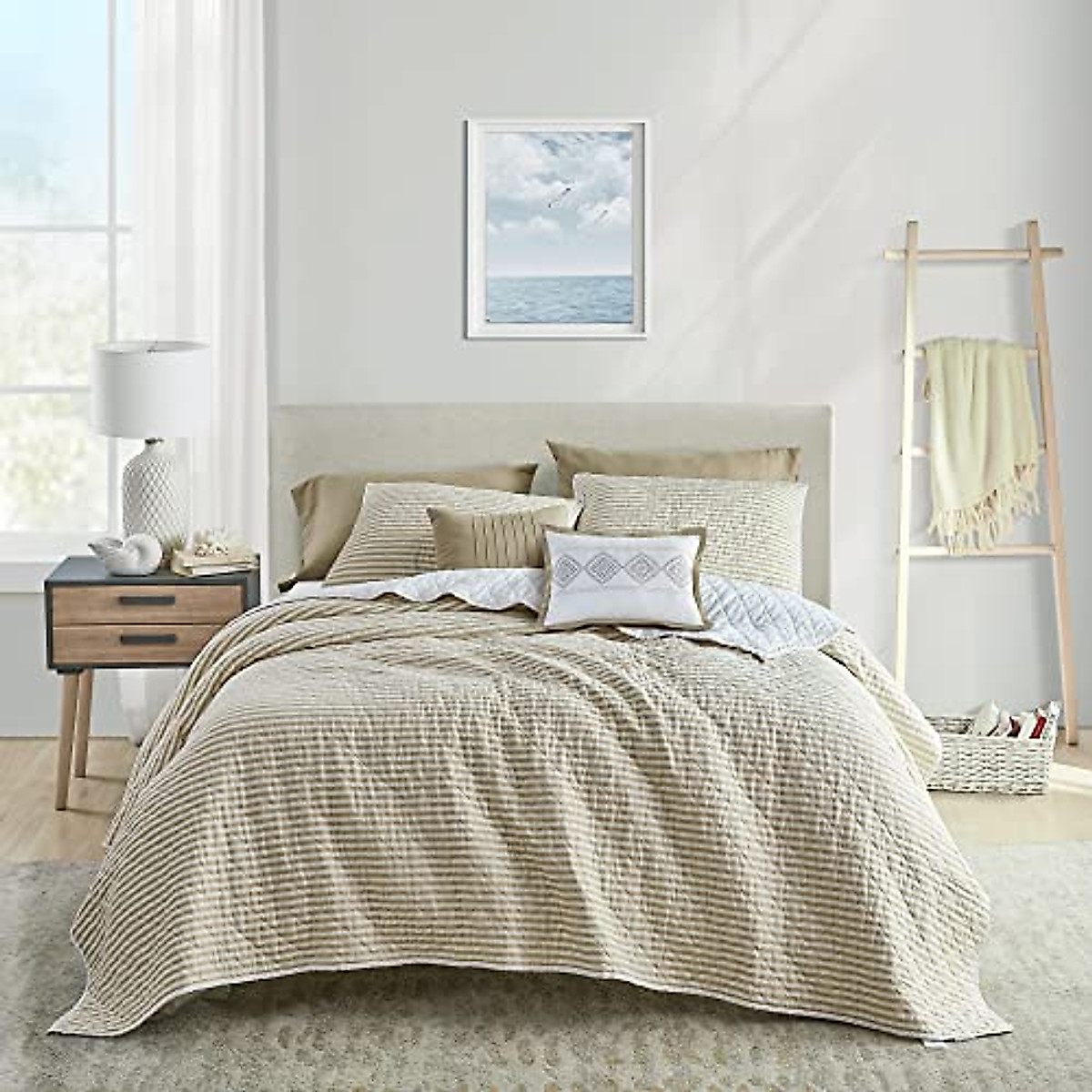 SHALALA King Size Quilt Sets,Kahki and White Striped Quilt Bedding Set,Soft Microfiber Bedspread and Coverlet with 2 Decorative Pillowsfor All Season (King,5pcs,106inches x 96inches)