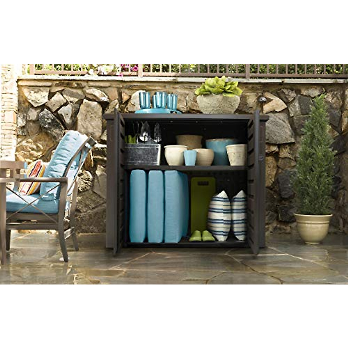 Rubbermaid Extra Large Decorative Patio Storage Cabinet, Weather Resistant, 123 Gal., Dark Teakwood, for Garden/Backyard/Home/Pool