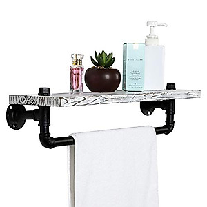 MyGift Shabby Whitewashed Wood Small Bathroom Shelf Wall Mounted Industrial Metal Pipe Towel Bar