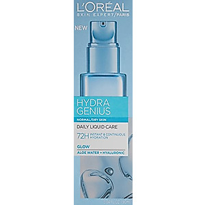 L'Oreal Paris Skincare Hydra Genius Daily Liquid Care Oil-Free Face Moisturizer for Normal to Dry Skin, Hyaluronic Acid Moisturizer for Face with Aloe Water and Hyaluronic Acid, 3.04 fl. oz.
