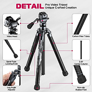 ULANZI F38 Video Travel Tripod, 61.4" Lightweight Carbon Fiber Camera Tripod with Quick Release 1/4" Screw & Video Head, for Most Cameras/DSLR/Projector, Weight 2.38lbs, Maxload 22lbs