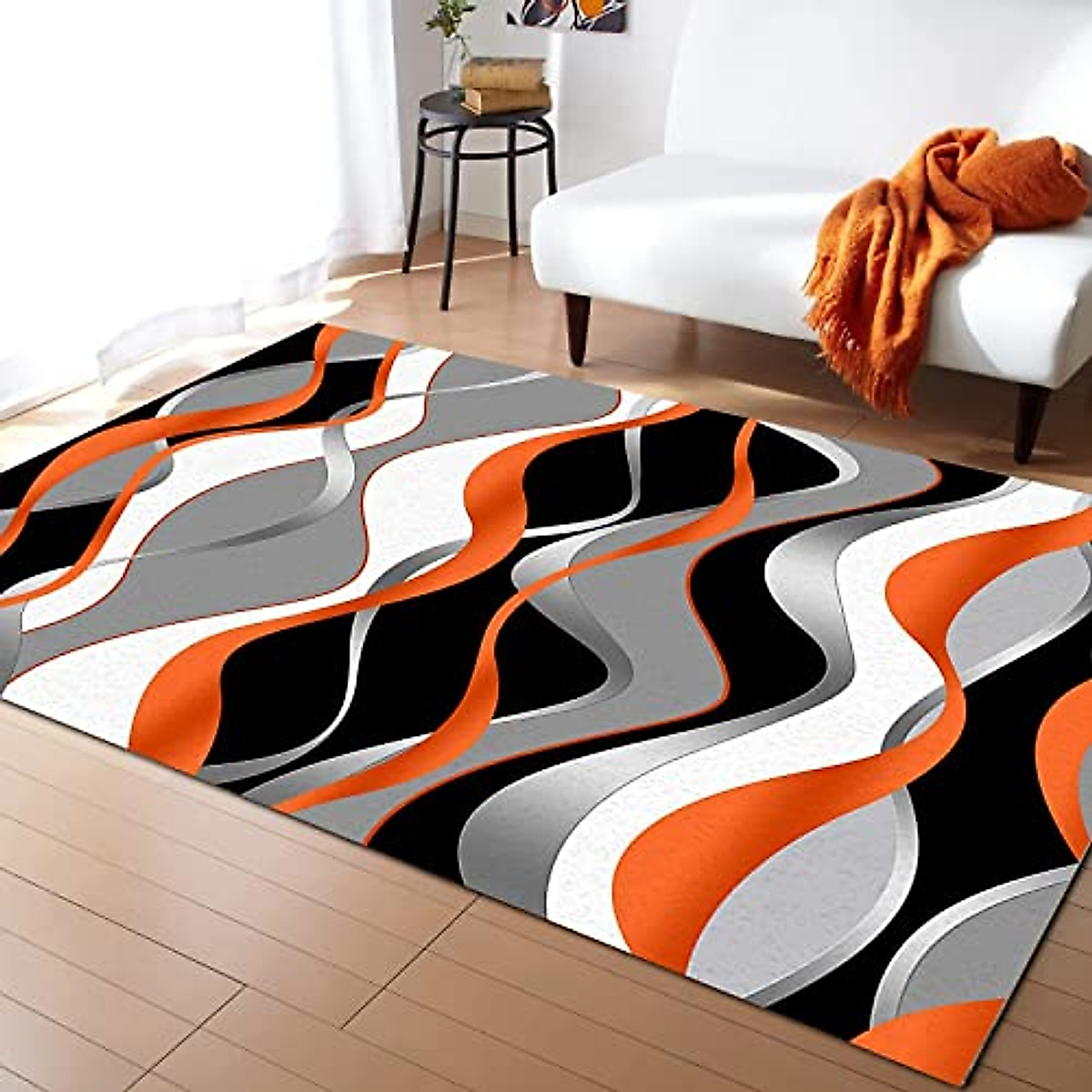 Abstract Orange Gray Modern Wavy Line Area Rug, Gradient Grey Geometry Black Stripes Home Decor Rug, Easy Clean Carpet for Living Room Bedroom Kitchen Dining Room Home Office Floor Rug 3ftx5ft