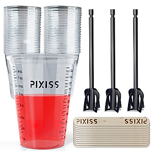 50 Resin Mixing Cups & Resin Mixing Paddles - 10-Ounce For Measuring Paint, Resin, Epoxy - 3 Reusable Pixiss Multipurpose Bidirectional Paint Stirrer for Drill Epoxy & Paint Mixer Drill Attachment
