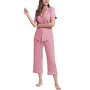 Joyaria Bamboo Pajamas for Women Cooling Capri Pj Sets Short Sleeve(Dusty Pink,Large)