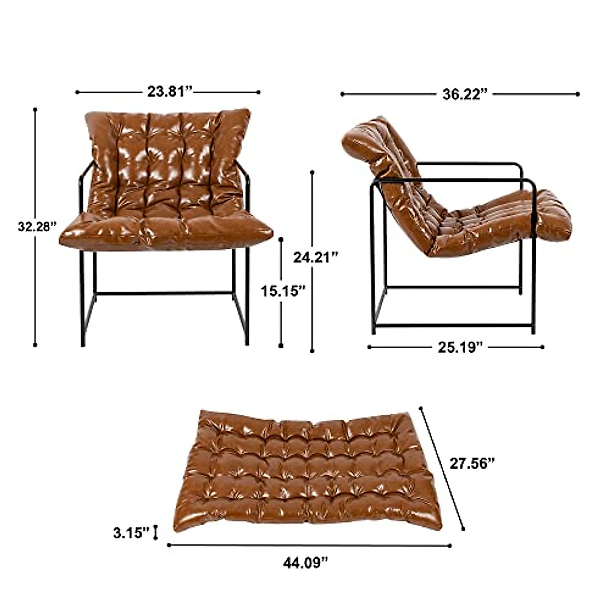 GIA Mid Century Modern Sling Accent Chair for Living Room, Bedroom, and Office, Set of 1, Upholstered in Brown PU Leather with Black Metal Base