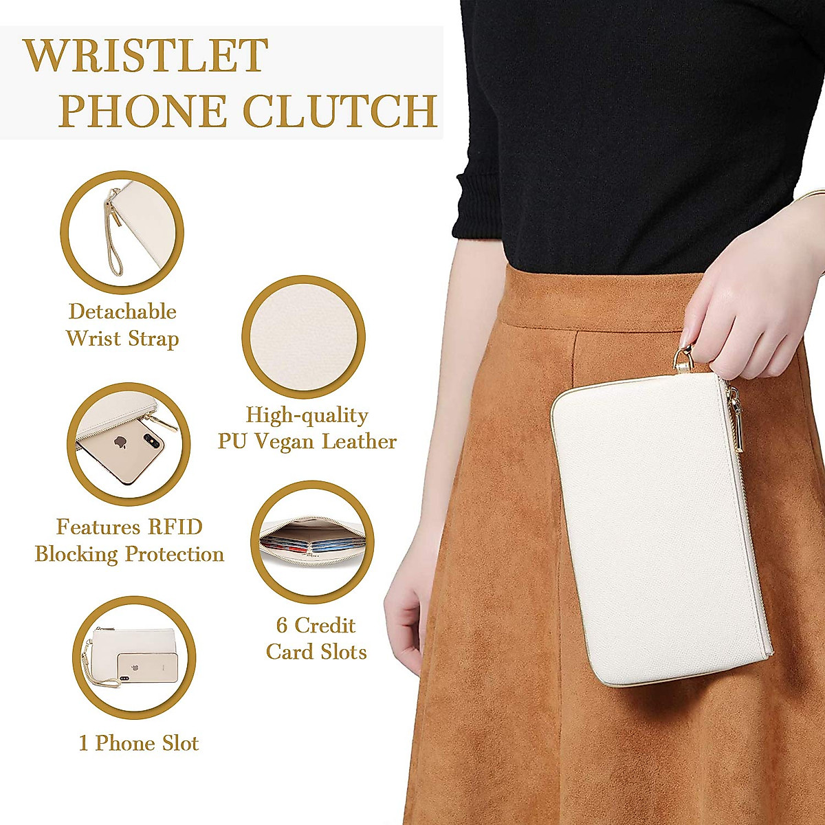 Daisy Rose Zip Wristlet Phone Clutch-RFID Blocking protection Wallet - Cream