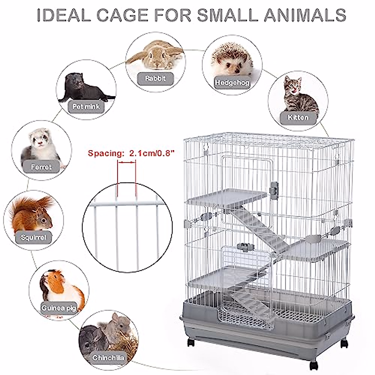 Gecheer 4-Tier 32" Small Animal Metal Cage Height Adjustable with Lockable Casters Grilles Pull-Out Tray for Rabbit Chinchilla Ferret Bunny Guinea Pig Squirrel Hedgehog Grey