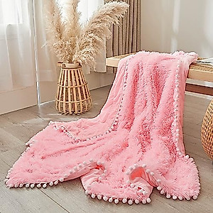 XeGe Pom-pom Fluffy Faux Fur Throw, Luxury Soft Pink Fuzzy Blanket 50x60, Cute Furry Decorative Couch Blanket for Kids to Adults