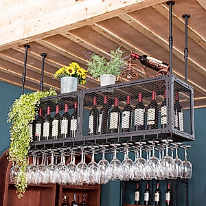 Hanging Wine Rack with Glass Holder and Shelf, Adjustable Metal Ceiling Bar Wine Glass Rack, Holds Any Type of Glassware Wine Glasses and Flutes Sand,80cm