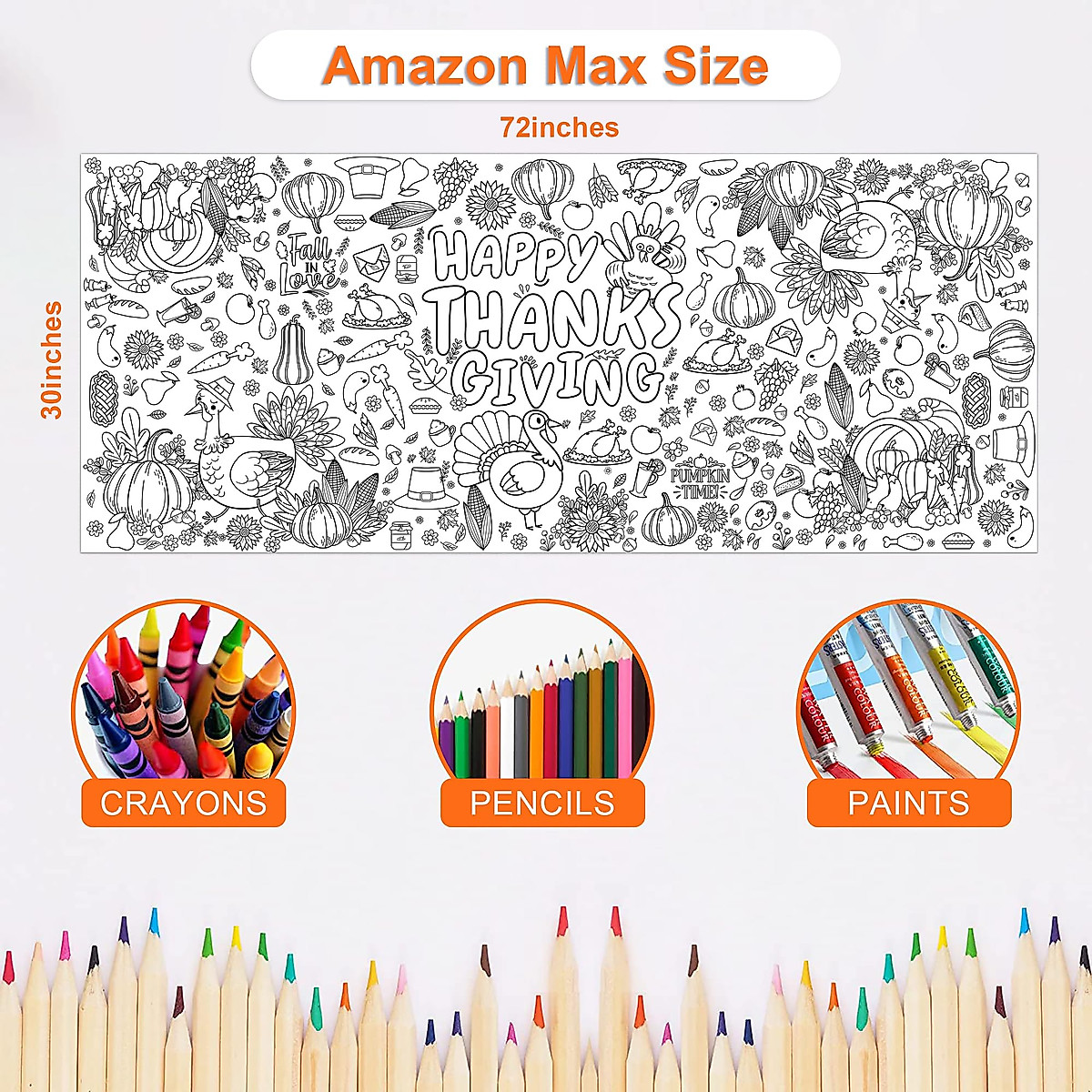 OHOME Thanksgiving Giant Coloring Poster/Tablecloth-Thanksgiving Crafts for Kids-30 x 72 Inches Jumbo Paper Coloring Banner Thanksgiving Games Activities for Kids Gifts - Thanksgiving Decorations