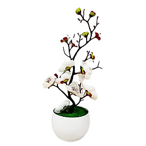 Artificial Flower in Pot Bonsai Realistic Anti Fade Faux Silk Flower Fake Plum Blossom Flower Plants Tabletops Potted Flowers Ornaments Home Hotel Garden Wedding Office Table Decoration White