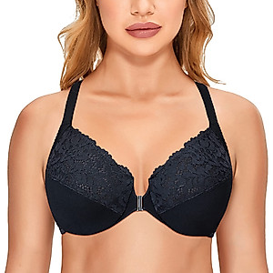 DELIMIRA Women's Front Closure Plus Size Full Coverage Lace Underwire Racerback Bra Black 40F