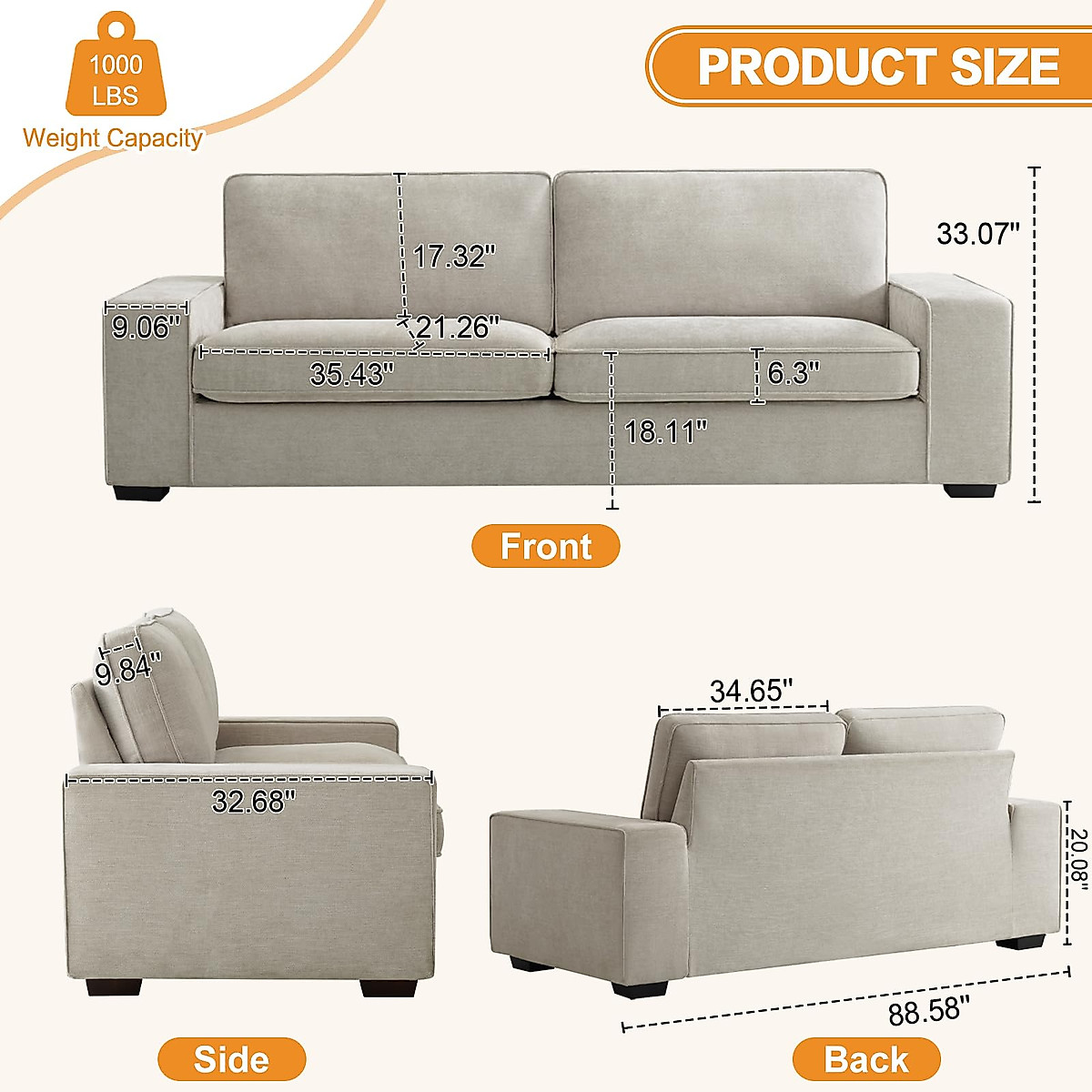 EASELAND Sofa Couch, 88" Chenille Loveseat for Living Room, 3 Seater Lounge Sofa for Bedroom with Removable Back and Seat Cushions, Modern Deep Seat Comfy Couch with Solid Wood Legs and Armrest(Beige)