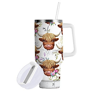 RPLIFE Cute Highland Cow Stainless Steel Coffee Tumbler, Insulated Cup with Straw, Tumbler for Men
