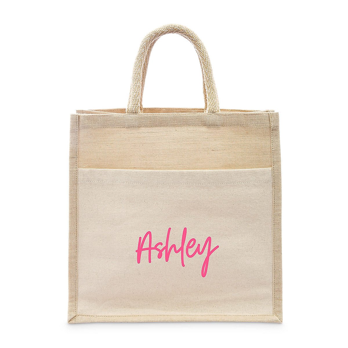 WEDDINGSTAR Personalized Medium Woven Jute Tote Bag With Pocket - Script Font