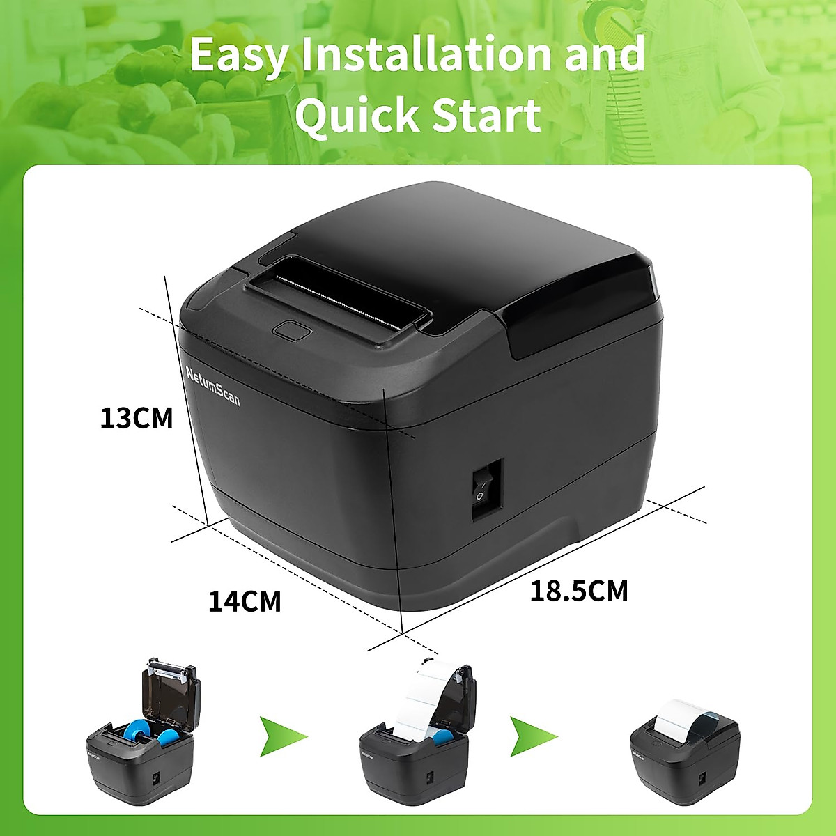 NetumScan 80mm Thermal Receipt Printer, USB POS Printer with Auto Cutter Cash Drawer, USB Serial Ethernet Interface Support Windows/Mac/Linux, Restaurant Kitchen Printer for ESC/POS