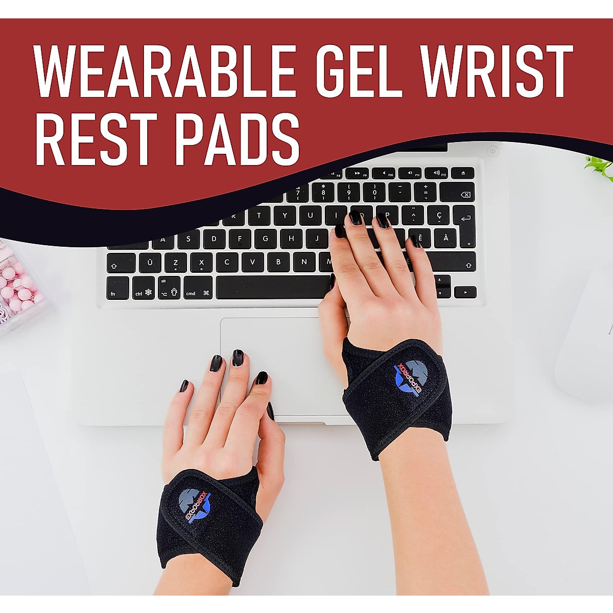 EXPOPROX-Wearable Wrist Rest Pads, 2 Pc. Set, Ergonomic Mouse and Keyboard Support Cushions to Reduce Joint Stress, Tension, and Carpal Tunnel Pain, Adjustable Fit with Padded Comfort