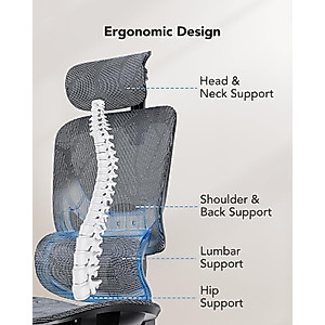HUANUO Ergonomic Mesh Office Chair, High Back Desk Chair with 5-Level Lumbar Support, Adjustable Headrest, Armrests, Rocking Tilt, Computer Mesh Chair for Home Office Gaming