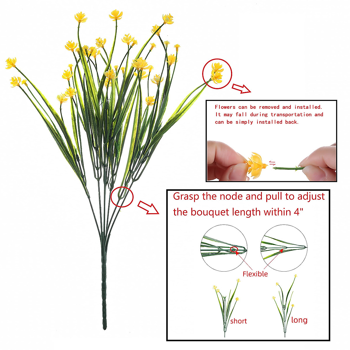 LXAFGP 8 Bundles Artificial Flowers Fake Greenery Outdoor UV Resistant Plants Faux Plastic Plants for Outdoor Shrubs Indoor Home Window Garden Wedding Porch Box Hanging Plants Decor (Yellow)