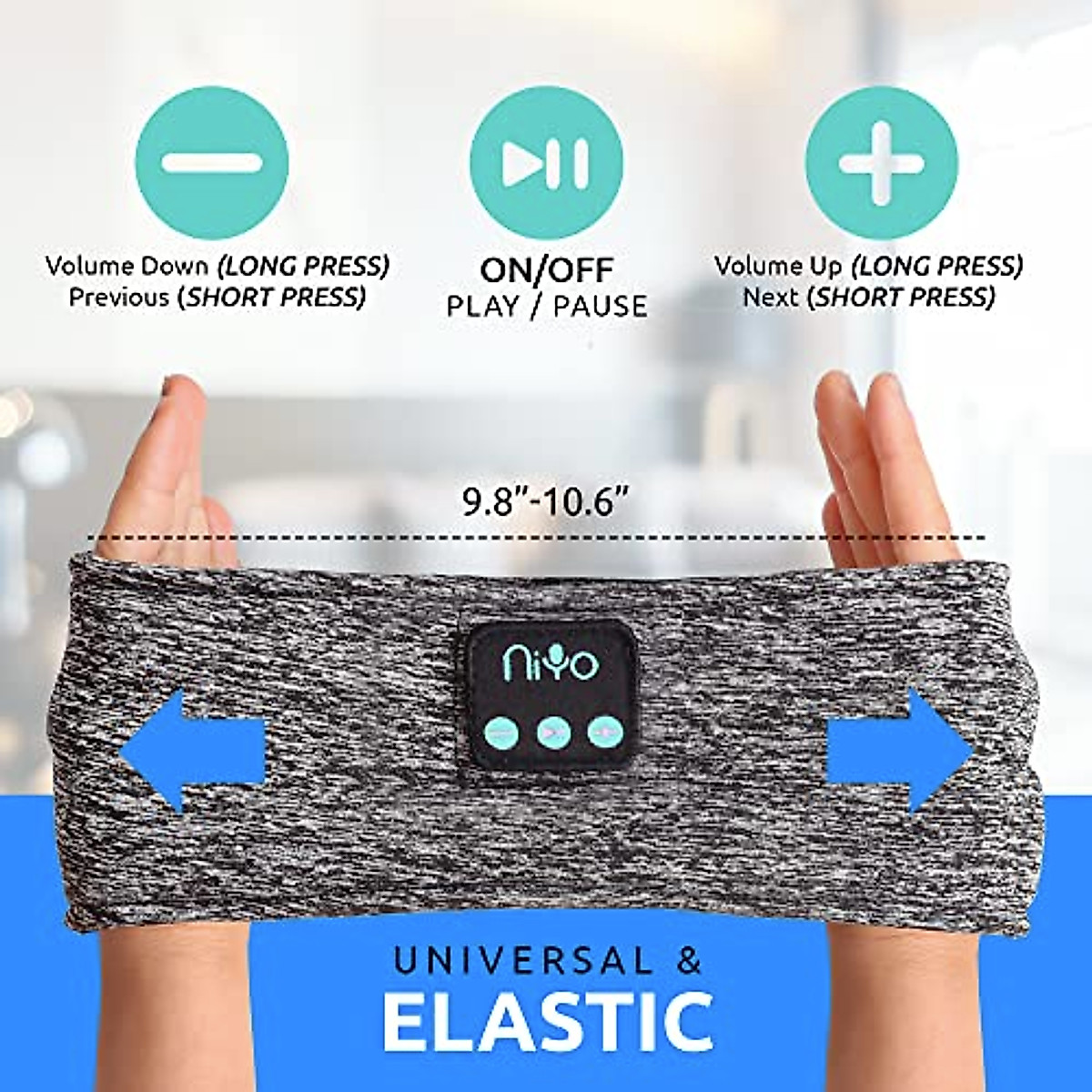 URBAN SOMBRERO NiYo Sleep Headband with in-Built Headphones - Sports Headphones, Comfortable, Wireless Music Sleeping Headphones, Grey Headphones for Exercising, Sleeping