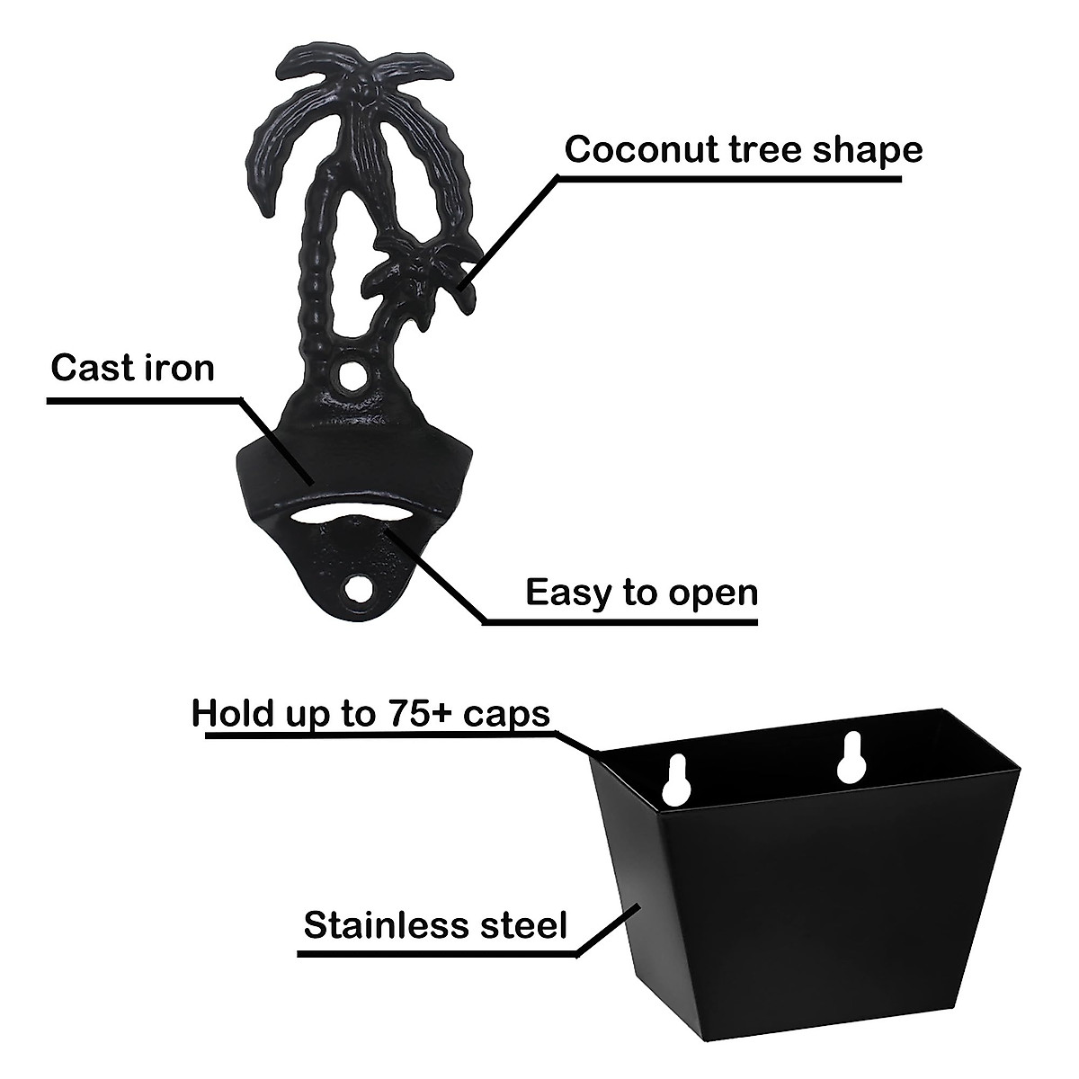 Luwanburg Black Palm Tree Cast Iron Beer Bottle Opener Wall Mounted with Cap Catcher Bundle for Beach Theme Gifts