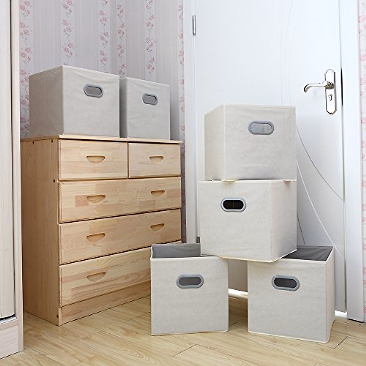 MAX Houser Fabric Storage Bins Cubes Baskets Containers with Dual Plastic Handles for Home Closet Bedroom Drawers Organizers, Flodable, Beige, Set of 6 (Beige)