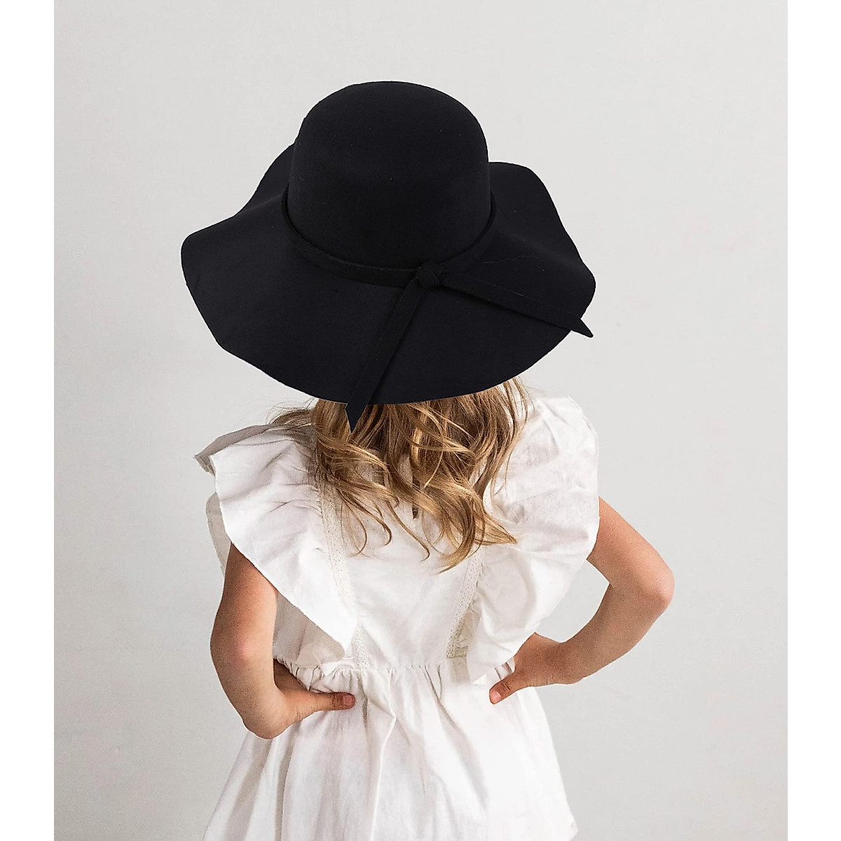 Wide-Brim Kids Girls Floppy-Hat Vintage Fedora Hats for Girl Boho Felt Bowler-Cap 3 to 8 Years (3-8 Years, Black)