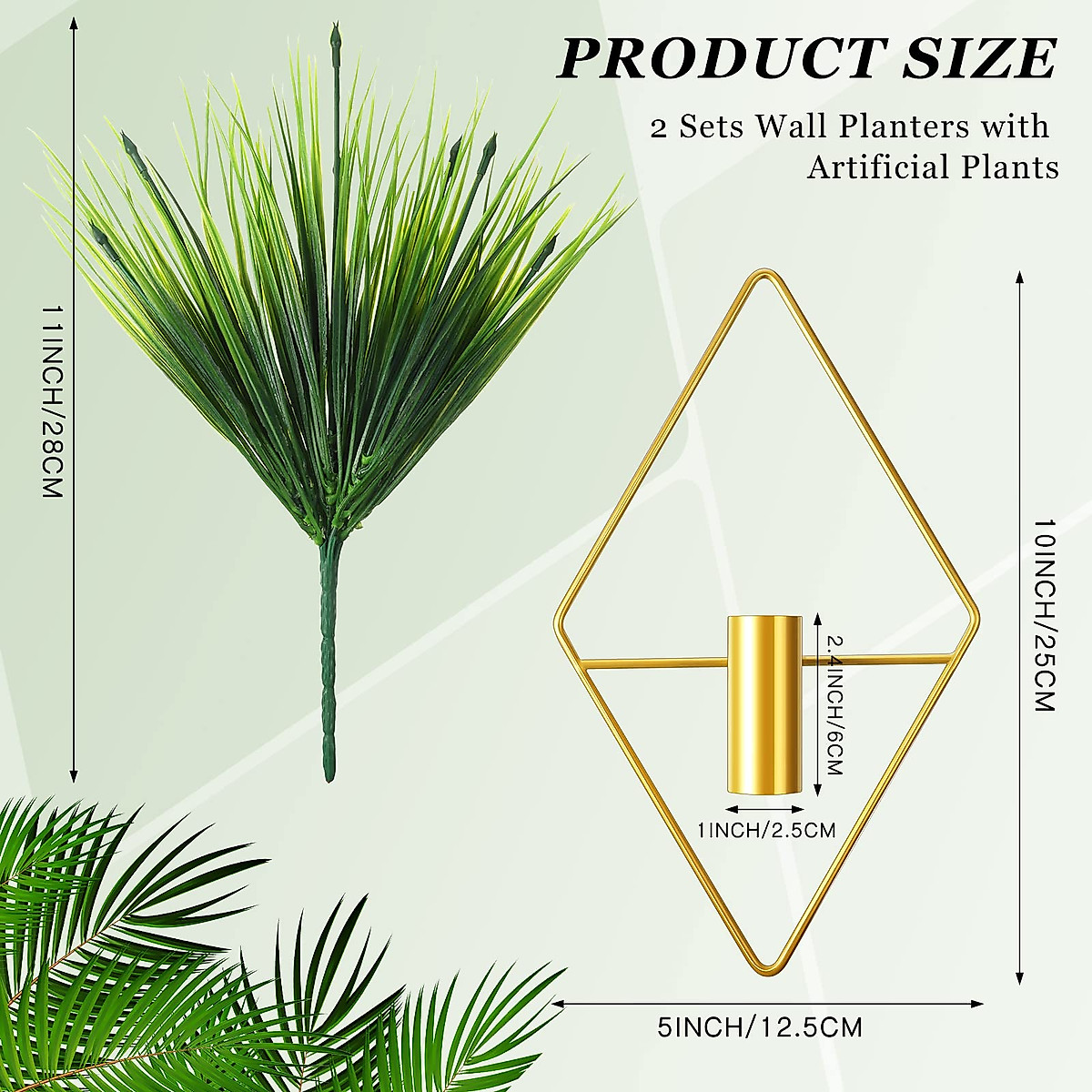 2 Pieces Diamond Shape Hanging Planters with Artificial Aquatic Plants Metal Hanging Vase Indoor Plants Holder Modern Geometric Wall Decor for Home Living Room Office (Gold, Aquatic Plant)
