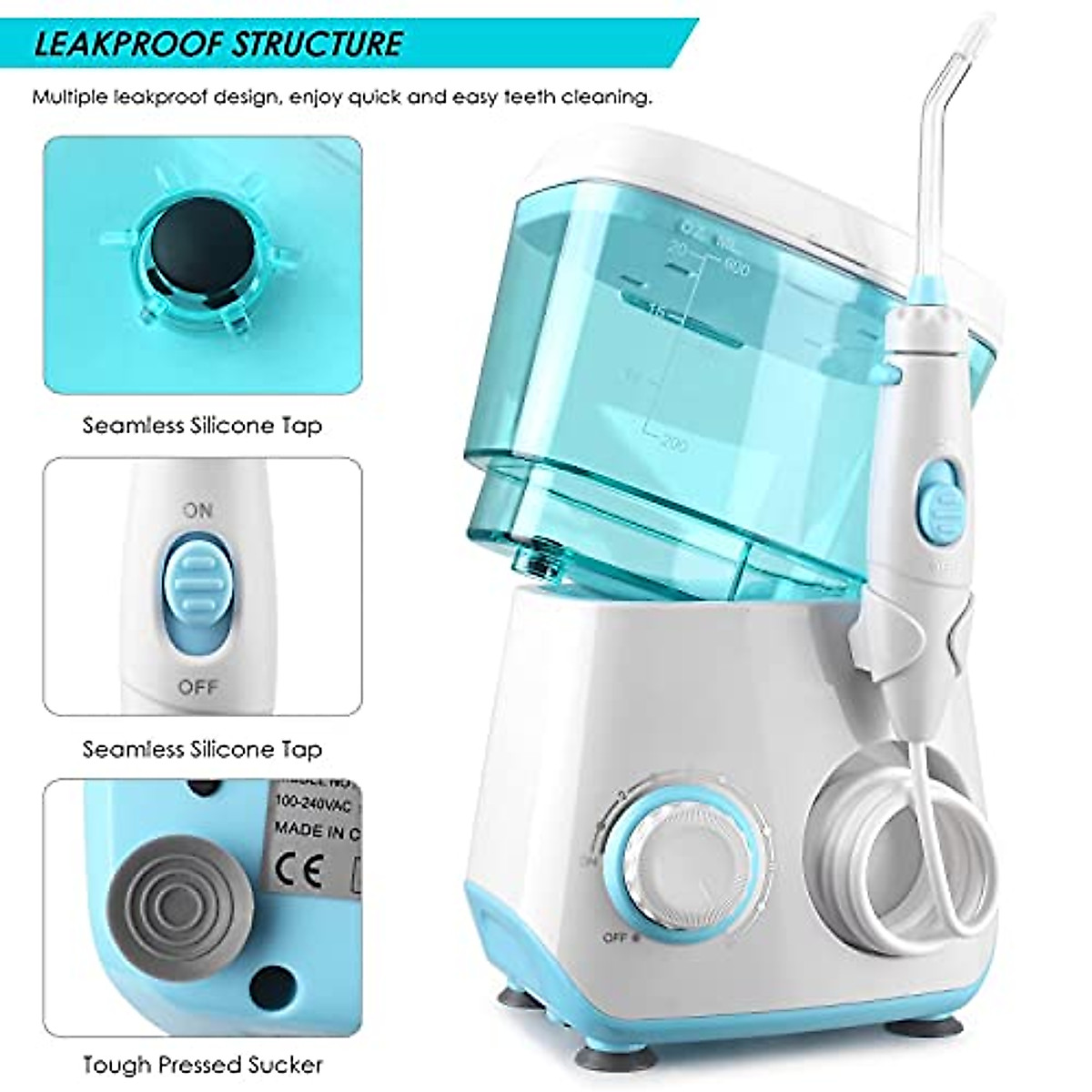 Dental Water Flosser, Oral Irrigator, 10 Adjustable Pressure Teeth Cleaner, 8 Interchangeable Jet Tips, 600 ML Capacity for Tooth Cleaning, Waterproof Leakproof Family(White) 9 Piece Set