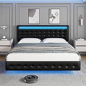 King Bed Frame with LED Lights Visual-Floating Bed for Modern Space, Upholstered Leather Headboard and Footboard Platform Bed with Spacious Under Bed Storage, Wood Slats Support Easy Assembly, Black