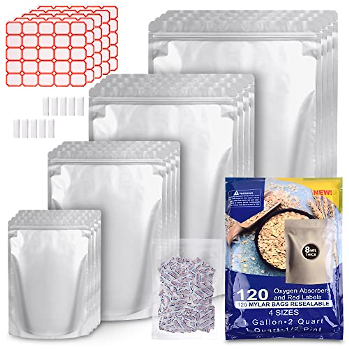 120 Mylar Bags for Food Storage with Oxygen Absorbers 300cc, 8 Mil 1Gallon 10"x14", 7.5"x11.5", 6"x9", 4.3"x6.3" Stand-Up Zipper Resealable Bags & Heat Sealable Food Storage Bags + Labels