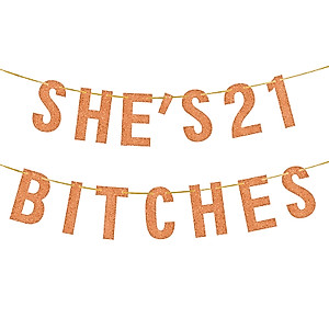 She's 21 Bitches Banner, Rose Gold 21 Birthday Decorations for Her, 21st Birthday Decoration, 21st Birthday Party Supplies, 21 Years Old Birthday Gifts for Her, No Installation